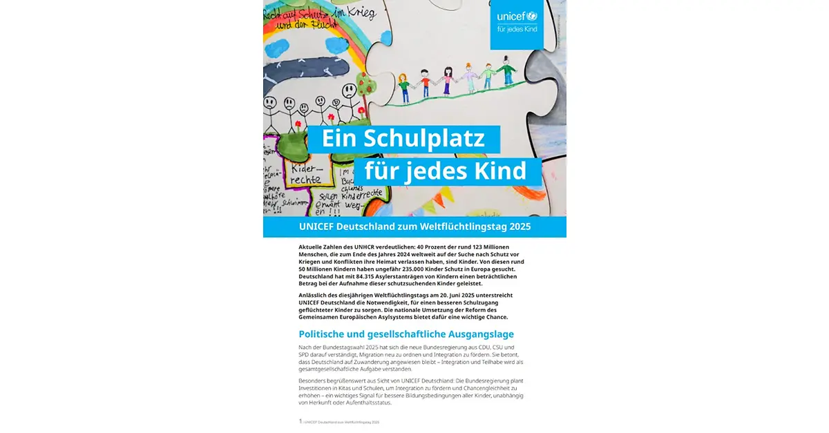 Ein Schulplatz für jedes Kind - UNICEF Empfehlungen zum Weltflüchtlingstag